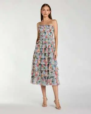 Mac Duggal Floral Strapless Ruffle Midi Dress - Blue