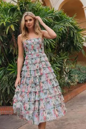Mac Duggal Floral Strapless Ruffle Midi Dress - Blue