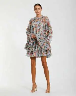 Mac Duggal Printed Mesh Ruffle High Neck Mini Dress - Blue