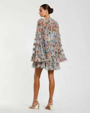Mac Duggal Printed Mesh Ruffle High Neck Mini Dress - Blue