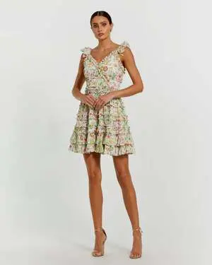 Mac Duggal Floral Tiered Ruffle Mini Dress - White Multi