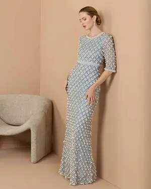 MAC DUGGAL COLLECTION Pearl Embellished 3/4 Sleeve Gown