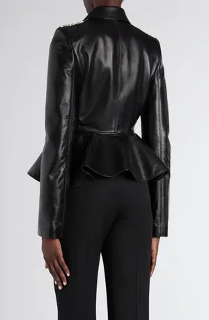Alexander McQueen Crystal-embroidered Leather Peplum Jacket