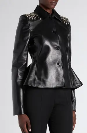 Alexander McQueen Crystal-embroidered Leather Peplum Jacket