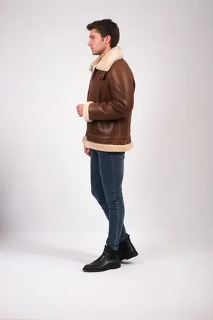 FURNIQ UK Textured Leather Shearling Aviator Jacket