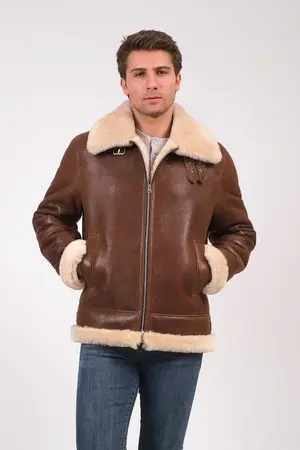 FURNIQ UK Textured Leather Shearling Aviator Jacket