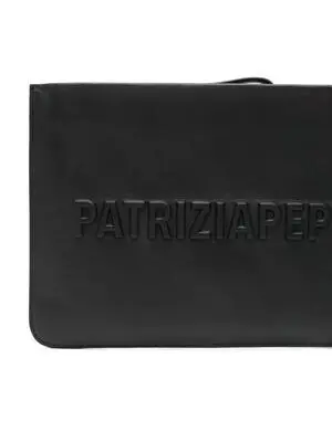 Patrizia Pepe Embossed Leather Clutch With Chain-link Trim - Black