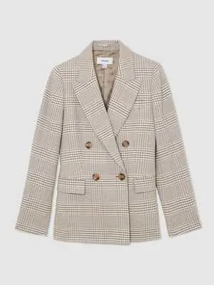 REISS Maxwell Petite Double-breasted Check Blazer - Neutral