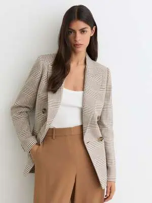 REISS Maxwell Petite Double-breasted Check Blazer - Neutral