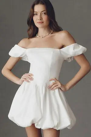 Bhldn Satin Off-shoulder Bubble-hem Mini Dress