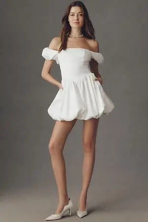 Bhldn Satin Off-shoulder Bubble-hem Mini Dress