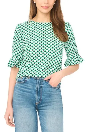 CECE DUPRAZ Fan Print Ruffle Cuff Top