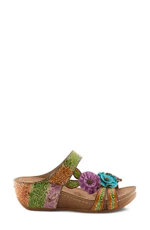 SPRING STEP SHOES Floral Appliqué Wedge Sandals - Mango Multi