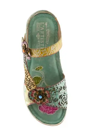 SPRING STEP SHOES Floral Leather Sandal - Mint Green Multi