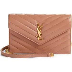 Saint Laurent Cassandre Quilted Leather Wallet On A Chain - Barely Pink