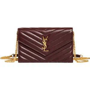 Saint Laurent Cassandre Quilted Leather Wallet On A Chain - Rouge Cabernet