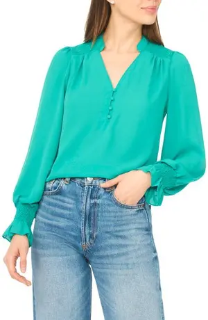 CECE DUPRAZ Half Placket Smocked Accent Top - Everglade