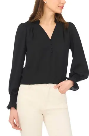 CECE DUPRAZ Half Placket Smocked Accent Top - Rich Black