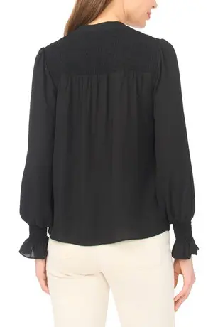 CECE DUPRAZ Half Placket Smocked Accent Top - Rich Black