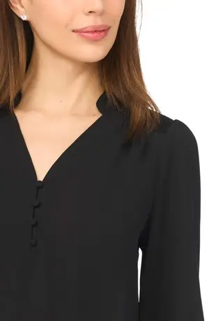 CECE DUPRAZ Half Placket Smocked Accent Top - Rich Black