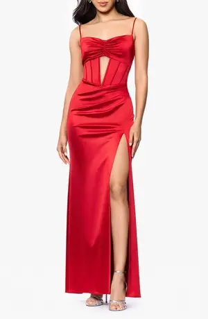 BLONDIE NITES Corset Satin Column Gown - Red