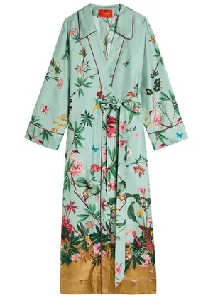 La DoubleJ Printed Silk Midi Wrap Shirt Dress - Blue