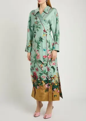 La DoubleJ Printed Silk Midi Wrap Shirt Dress