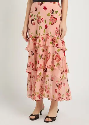 Rixo Floral Ruffled Tiered Silk Chiffon Midi Skirt