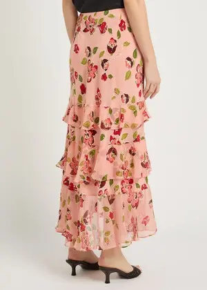 Rixo Floral Ruffled Tiered Silk Chiffon Midi Skirt