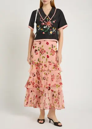 Rixo Floral Ruffled Tiered Silk Chiffon Midi Skirt