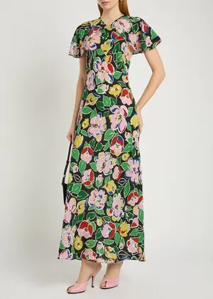 Rixo Aryella Floral Silk Midi Dress - Black