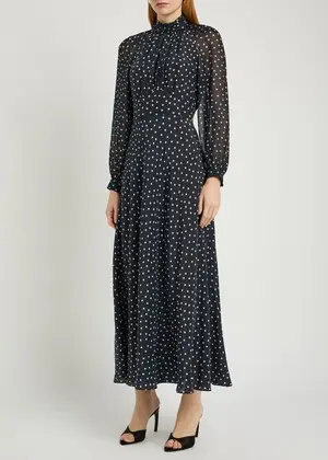 Rixo Paige Polka Dot Silk Midi Dress - Navy