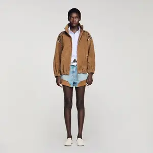 Sandro Studded Suede Jacket - Camel