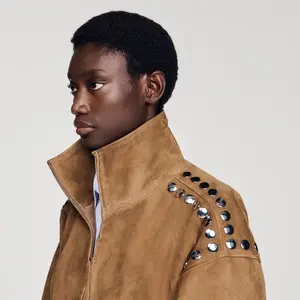 Sandro Studded Suede Jacket - Camel