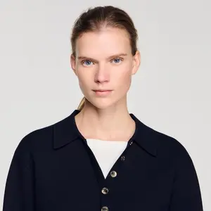 Sandro Metal Button Layered Collar Sweater - Navy Blue