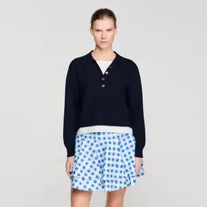 Sandro Metal Button Layered Collar Sweater - Navy Blue