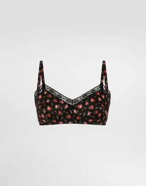 Dolce & Gabbana Small Rose-print Satin And Lace Bra Multicolor