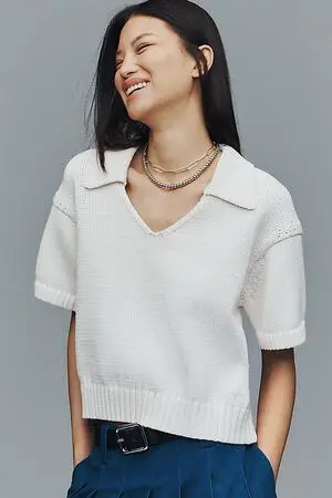 Maeve Collared V-neck Ribbed Sweater - Ivory