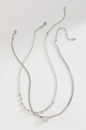 Anthropologie Layered Crystal Herringbone Necklaces Set - Silver