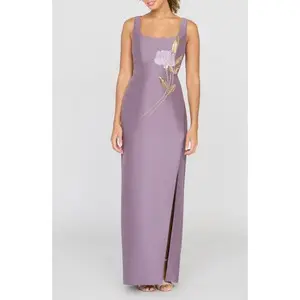 KAY UNGER Paloma Beaded Floral Sheath Gown - Heather