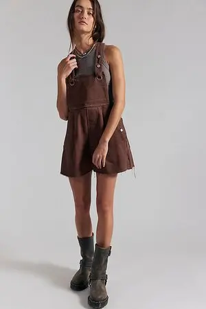 Free People We The Free Rambler Denim Shortalls - Hot Chocolate