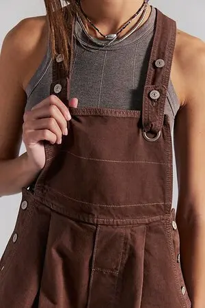 Free People We The Free Rambler Denim Shortalls - Hot Chocolate