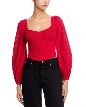 Aqua Embroidered Puff-sleeve Blouse
