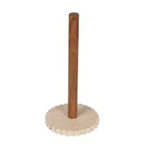 STORIED HOME Acacia Wood Paper Towel Holder With Scalloped Travertine Base - Natural