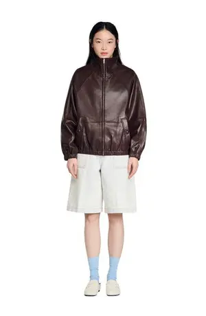Sandro Oversized Zip-up Leather Jacket - Brown
