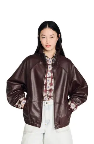 Sandro Oversized Zip-up Leather Jacket - Brown