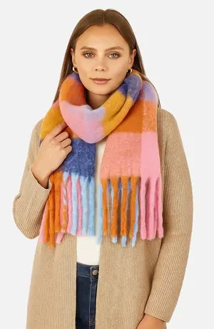 YUMI Rainbow Check Soft Tassel Scarf - Multi