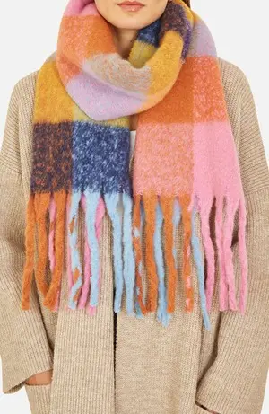 YUMI Rainbow Check Soft Tassel Scarf - Multi