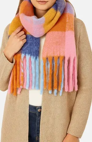 YUMI Rainbow Check Soft Tassel Scarf - Multi