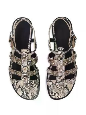 Pinko Flat Leather Sandals With Python Print And Studs - Neutrals
